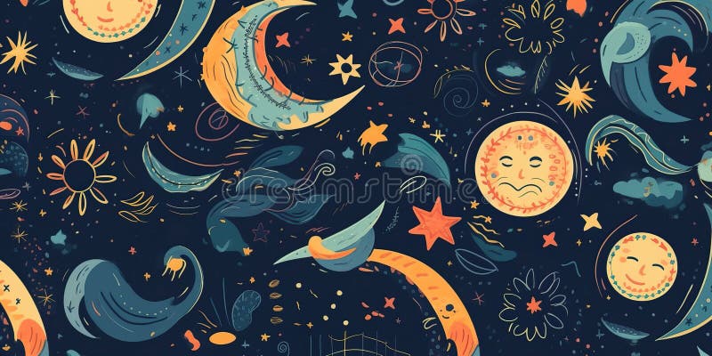 Pattern with a Celestial Theme, Featuring Stars, Moons, and Other ...