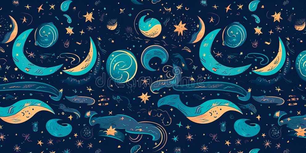 Pattern with a Celestial Theme, Featuring Stars, Moons, and Other ...
