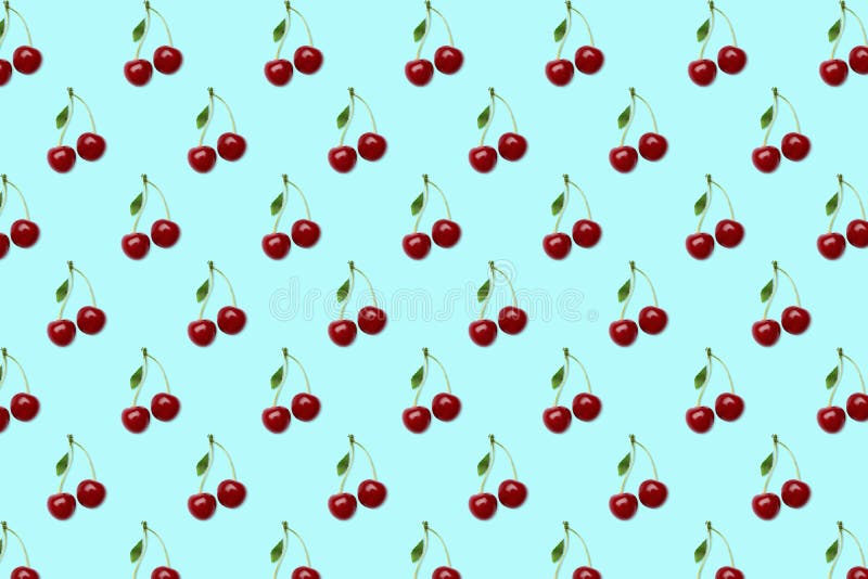 Pattern of Cherries on Pale Blue Background Stock Photo - Image of diet ...