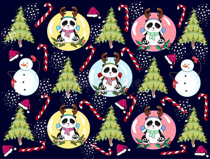 Pattern Christmas Panda with a Snowman Stock Vector - Illustration of ...