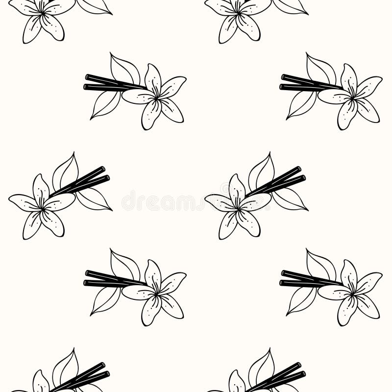 Pattern with Cinnamon Sticks and Vanilla Flower Doodle Outline Drawing ...