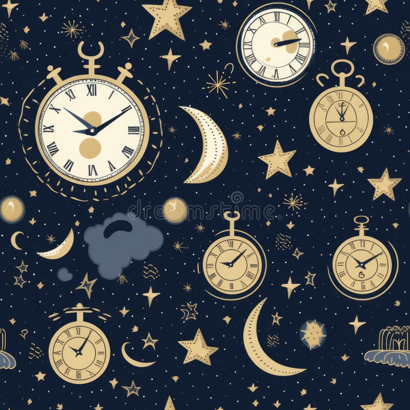 A Pattern of Clocks and Stars on a Dark Blue Background. Seamless ...