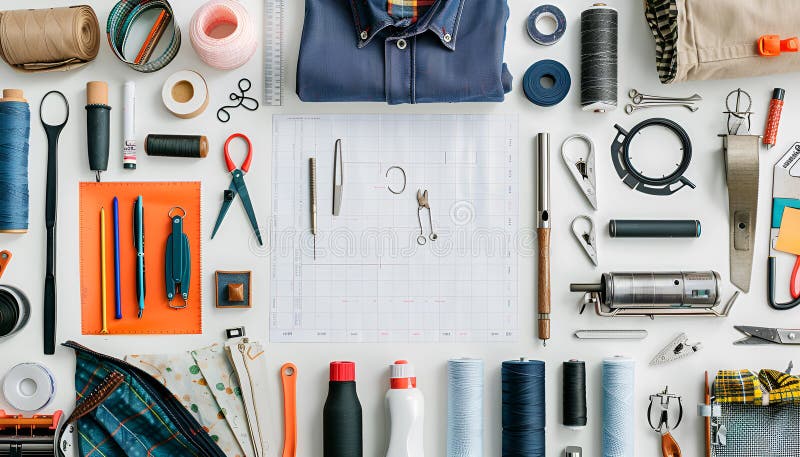 Pattern of Clothes and Tools on White Background Top View Stock Photo ...