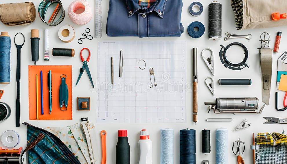 Pattern of Clothes and Tools on White Background Top View Stock Photo ...