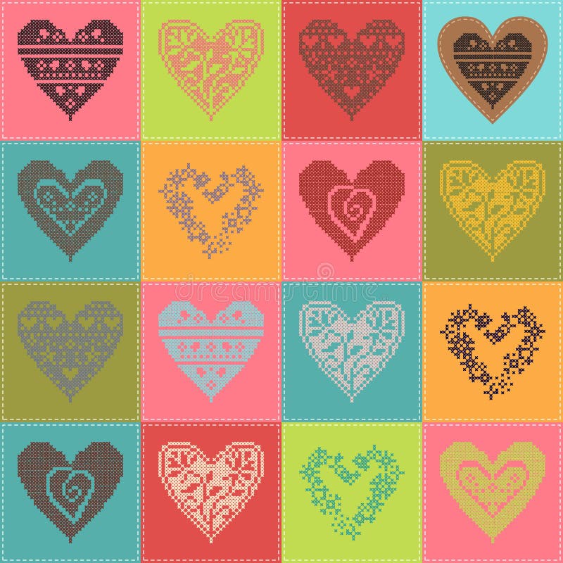 Pattern with Collection Hearts in Vintage Patchwork Style. Stock ...