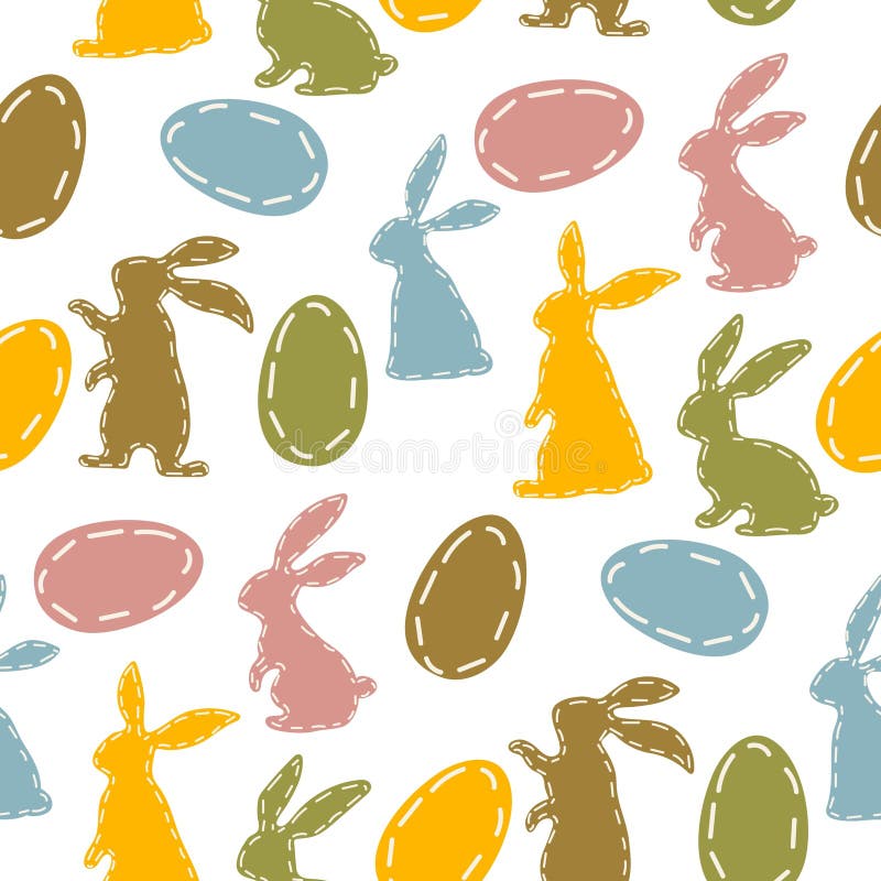 A Pattern of Colored Easter Bunnies and Eggs. the Contours of Rabbits ...