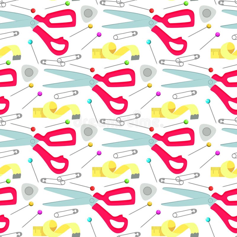 A Pattern of Colored Pink Sewing Scissors, Measuring Tape, Needles ...