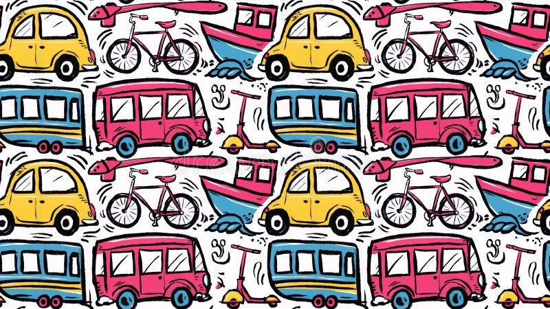 A Pattern of Colorful Cars and Other Vehicles on a White Background, AI ...