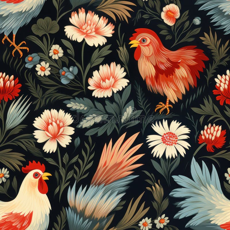 A Pattern of a Colorful Floral Design with Chickens and Flowers, AI ...