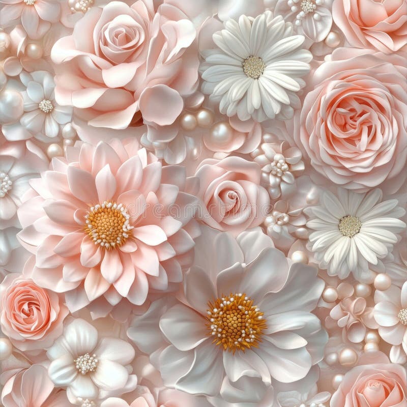 The Pattern Consists of a Smooth Blend of Pink and White Blooms and Pearls Stock Image - Image ...