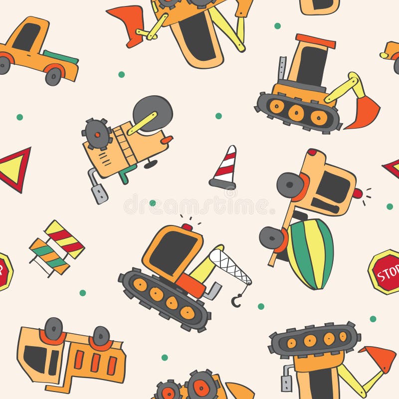 Pattern Construction Vehicles. Hand-drawn Cartoon Car, Set Vector Stock ...