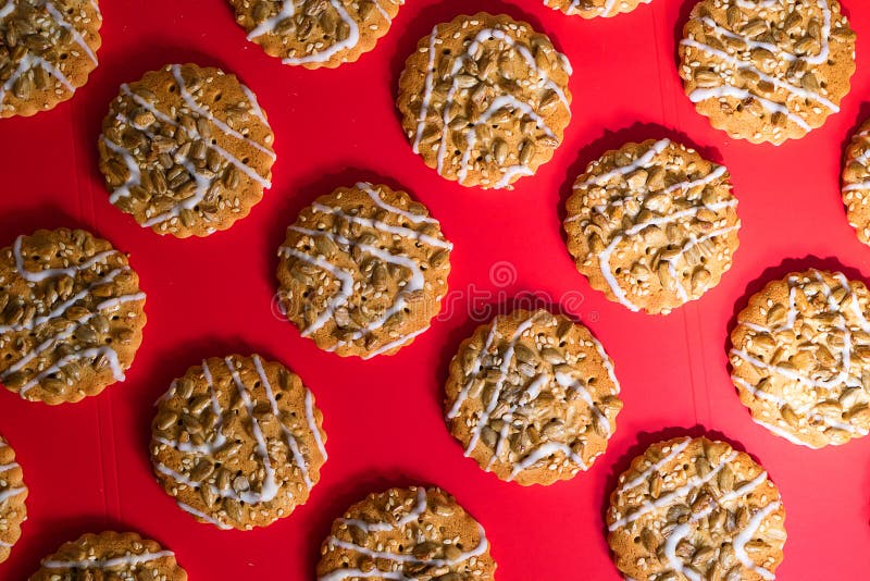 Pattern of Cookies on a Red Background Stock Image - Image of healthy ...