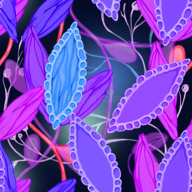 Pattern Created by Graphic Tablet, Handwork. Violet and Blue Floral ...