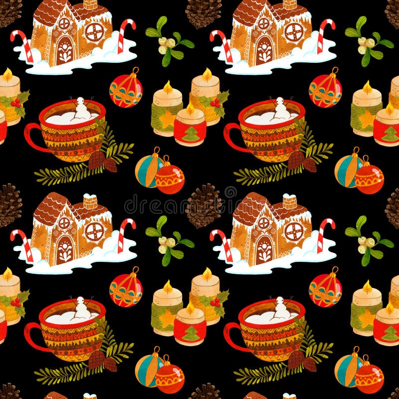 Pattern with Cup of Snow and Ginger Bread House Stock Illustration ...