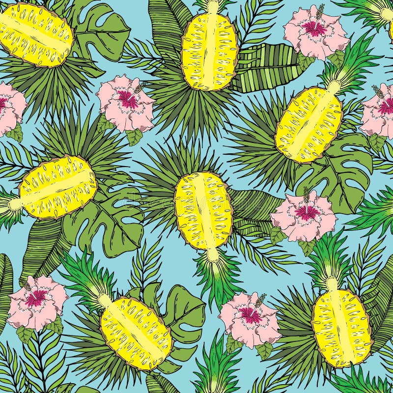 Pattern of Cut Pineapple with Tropical Leaves and Flowers. on a Blue ...