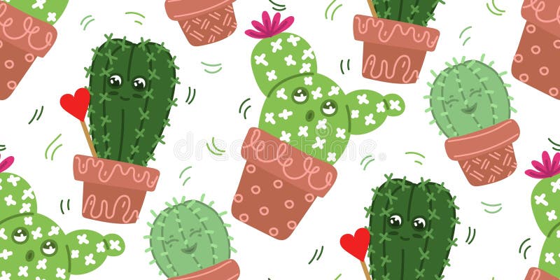 A Pattern with Cute Cacti and Funny Faces in Pots. Seamless Texture for ...