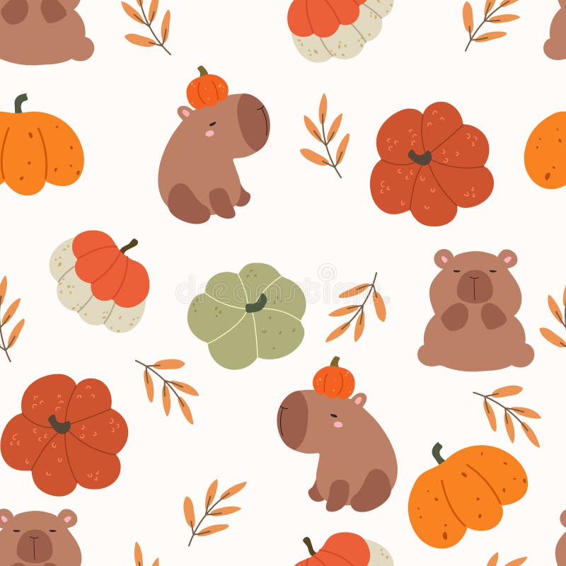 Pattern with Cute Capybara, Leaves and Pumpkins, Cute Fall Illustration ...