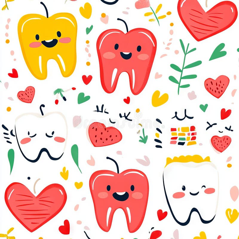 A Pattern of Cute Cartoon Teeth and Fruits with Hearts Stock Photo ...