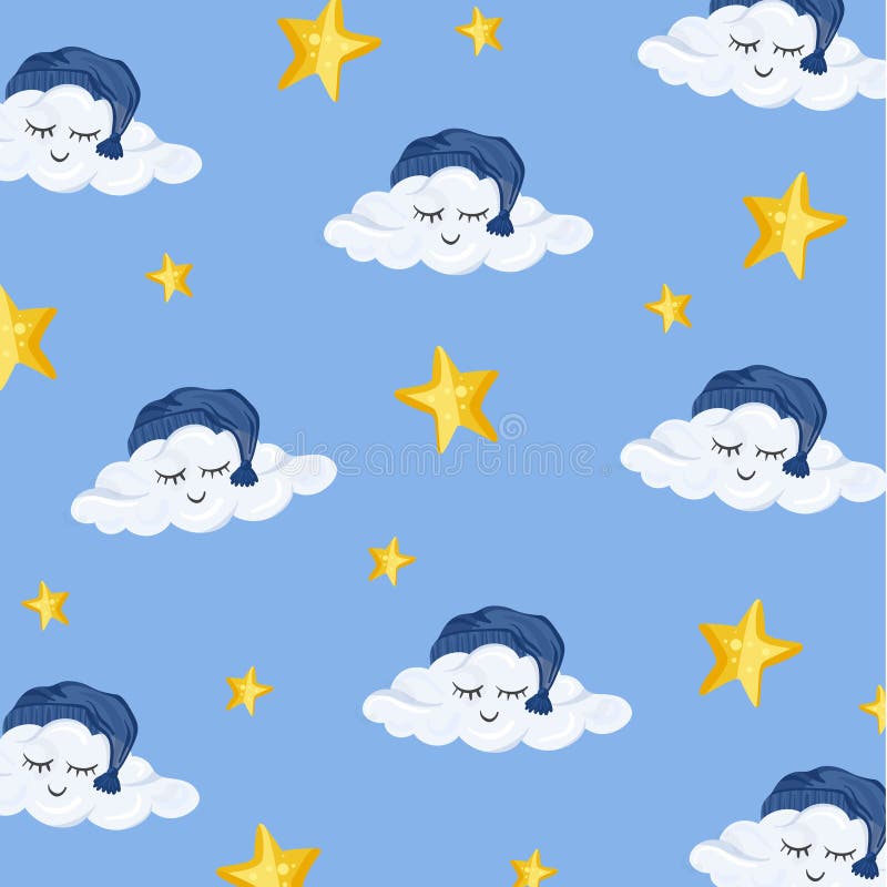 Pattern with Cute Clouds and Stars in Cartoon Style on the Light ...