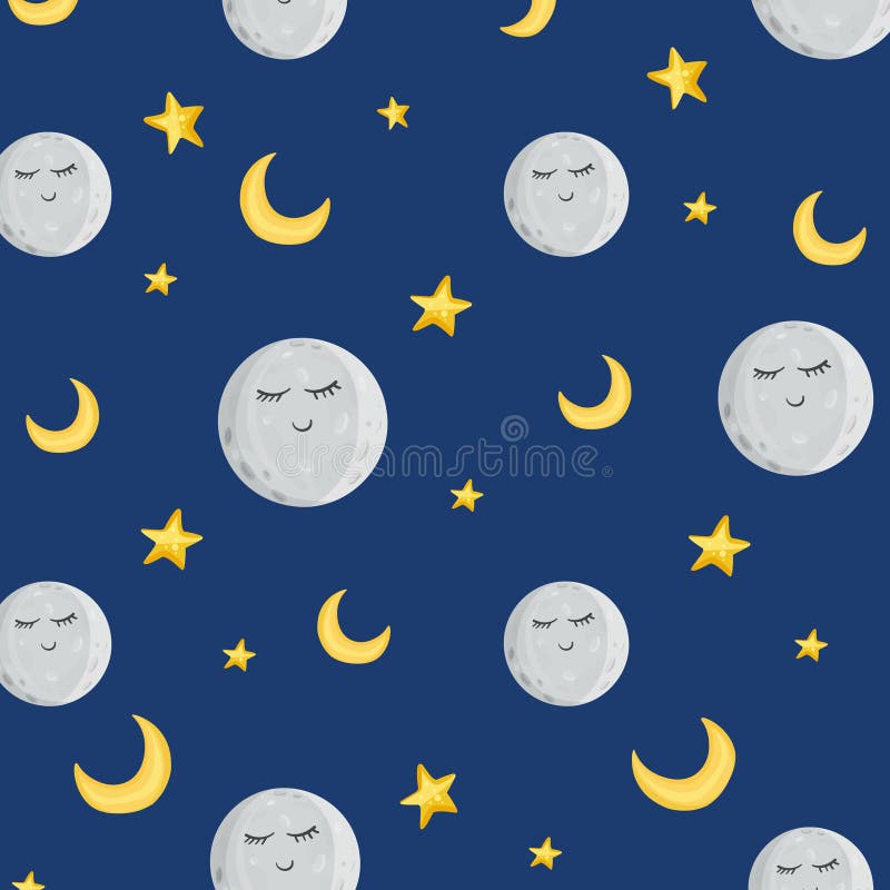 Pattern Cute Moons and Stars on the Blue Sky. in Cartoon Style Stock ...