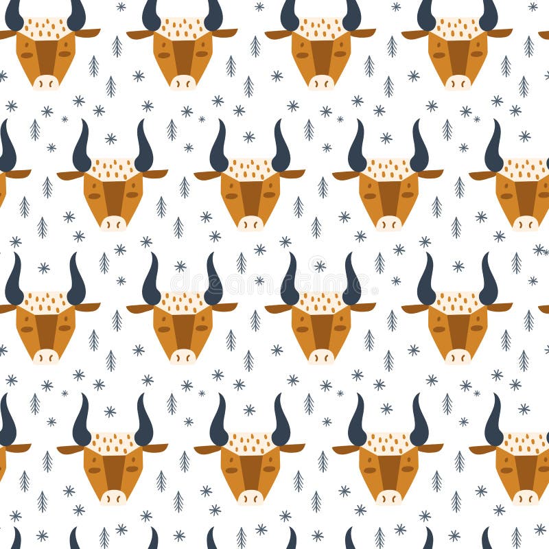Pattern with Cute Ox. Winter Background Stock Vector - Illustration of ...