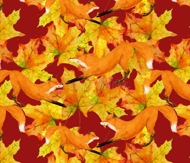 Pattern Cute Red Fox on a Background of Yellow Maple Leaves Stock ...