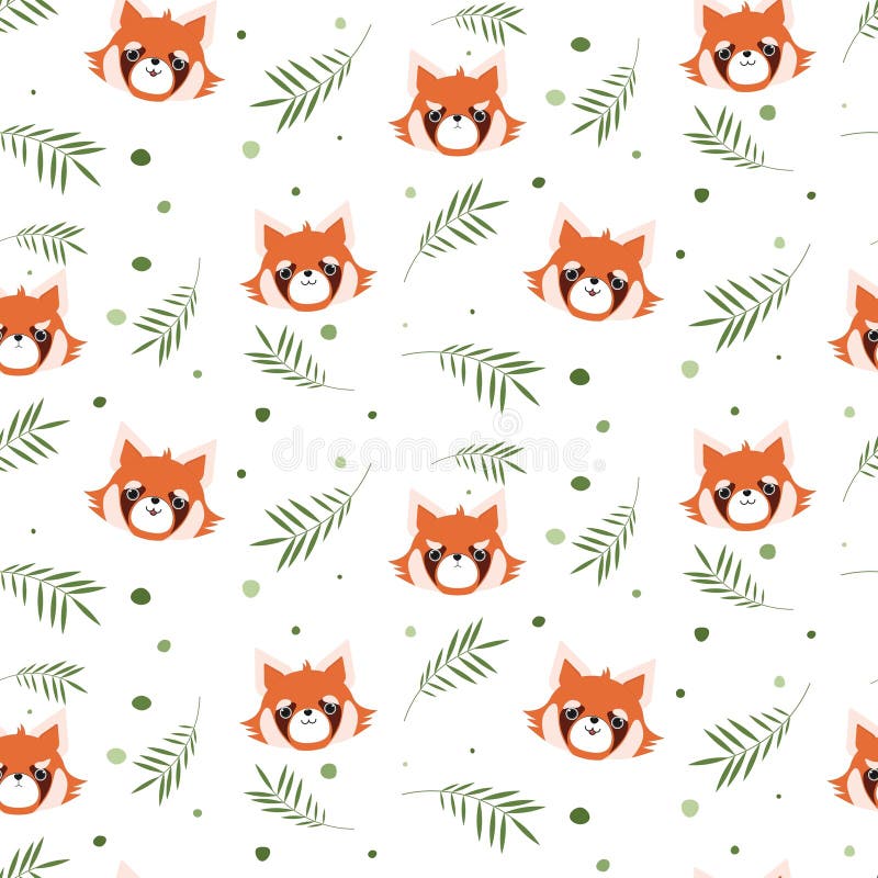 Pattern of Cute Red Panda Face with Palm Leaves Stock Illustration ...