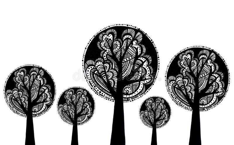 Pattern of Decorative Trees. Black and White Doodle. Stylization Stock ...
