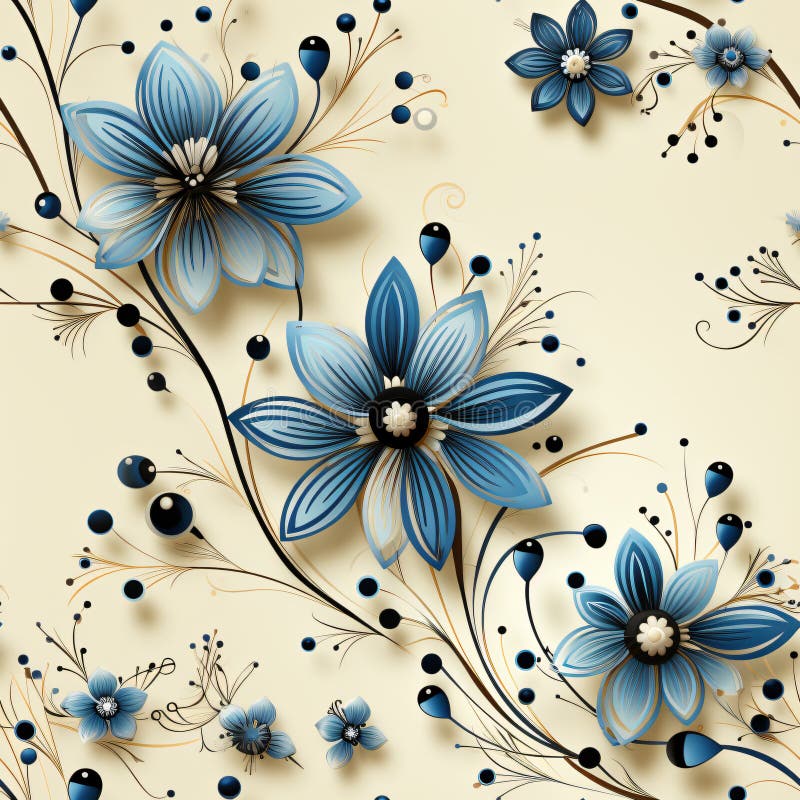 Pattern Design with Drawing Like Plant Elements in Blue Seamless Stock ...