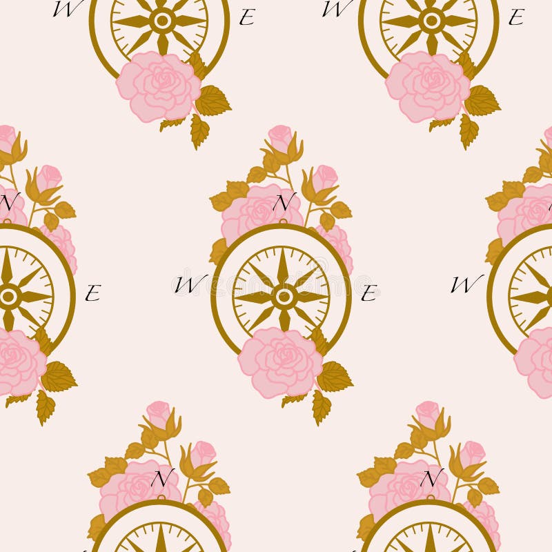 Pattern Design with Golden Compass and Pink Roses Stock Vector ...