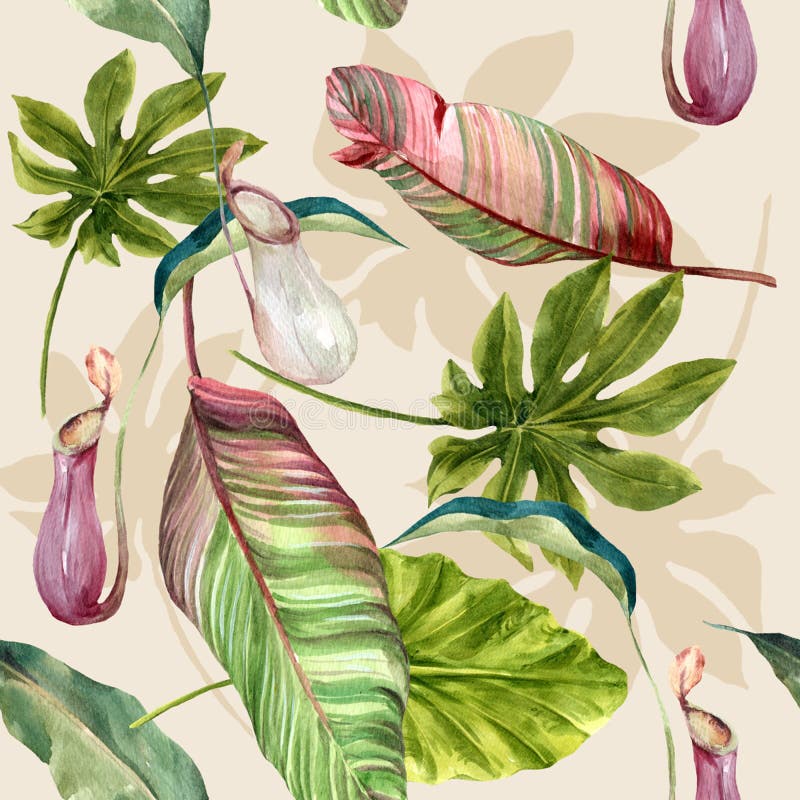 Pattern Design with Tropical Plants Theme, Foliage Watercolor ...