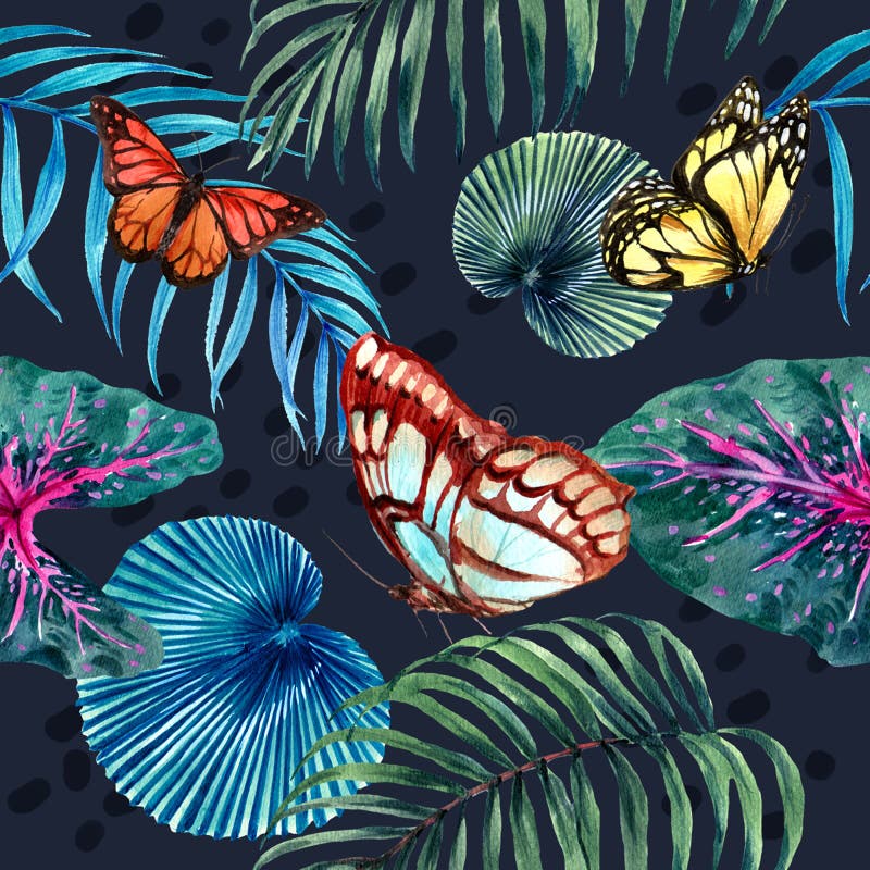 Pattern Design with Tropical Theme with Butterfly and Foliage ...