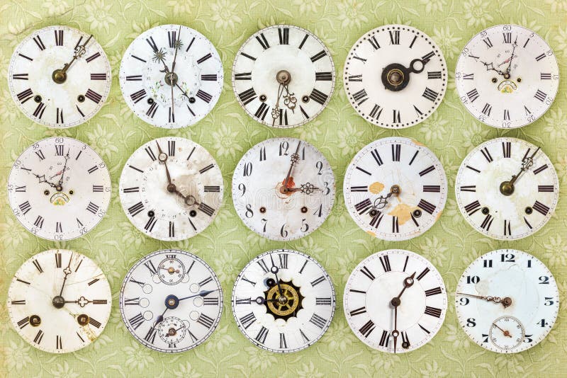 Pattern of Different Antique Weathered Clocks Stock Photo - Image of ...