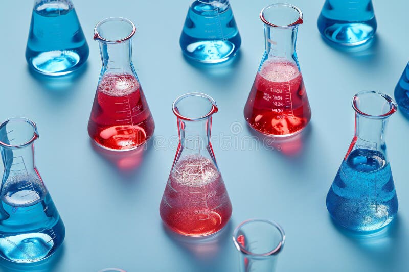 A Pattern of Different Sized Beakers Filled with Red and Blue Liquid on ...