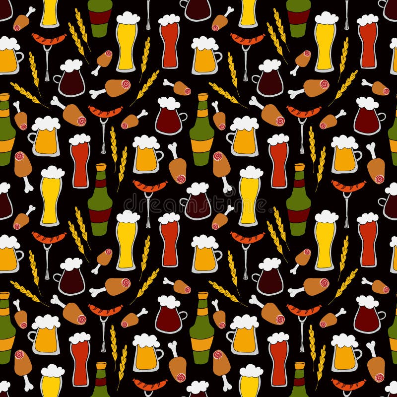 Pattern Different Types of Beer with Snacks on Black Stock Vector ...