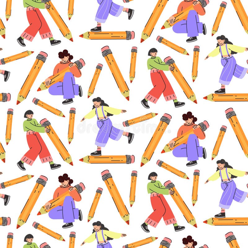 A Pattern of Different Young People Holding Large Pencils with a ...