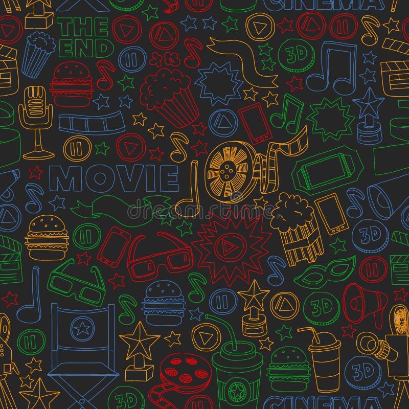 Movie, Cinema Set. Pattern Doodle Background with Vector Icons. Stock ...