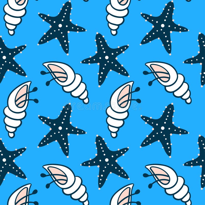 Pattern Doodle from Shells and Star Fish on a Blue Background. Stock ...