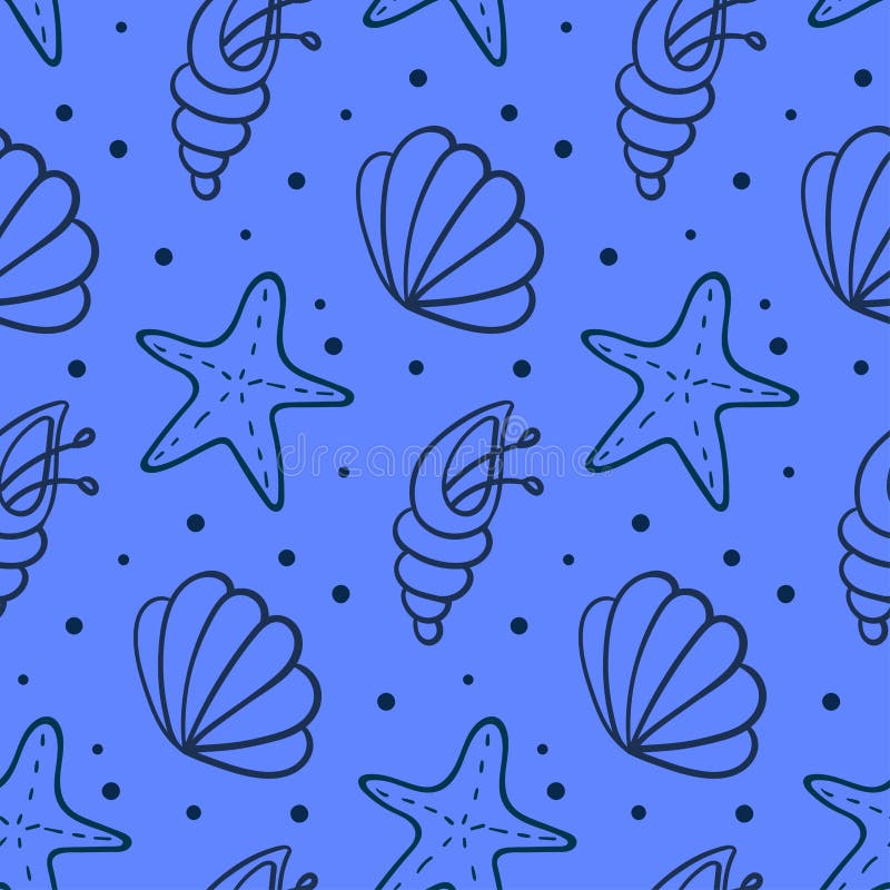 Pattern Doodle from Shells and Star Fish with Dots on a Blue Background ...
