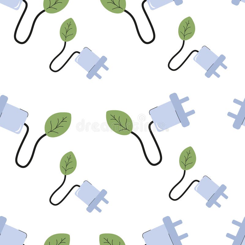 Pattern of Electrical Plugs Intertwined with Green Leaves on a White ...