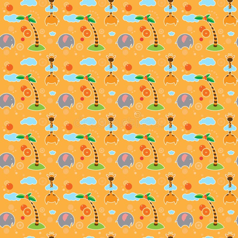 Pattern with Elephants, Giraffes, Clouds, Palms and Fruit Stock Vector ...