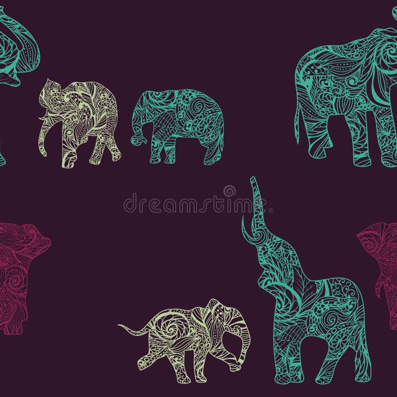 Pattern with Elephants in Indian Style, Vector Endless Background Stock ...