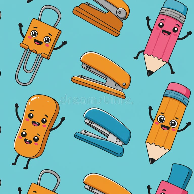 Pattern Featuring Animated Office Supplies on a Light Blue Background ...
