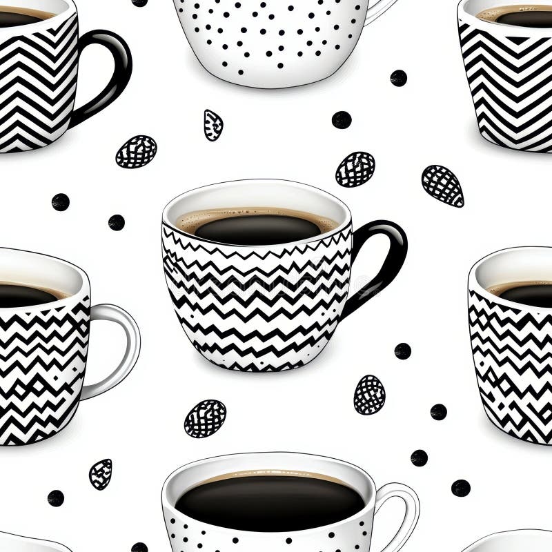 A Seamless Pattern Featuring Black and White Coffee Cups with Various ...