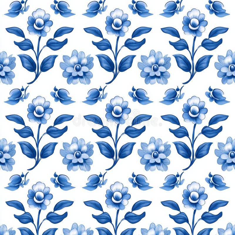 A Pattern Featuring Blue and White Flowers and Leaves in Various ...