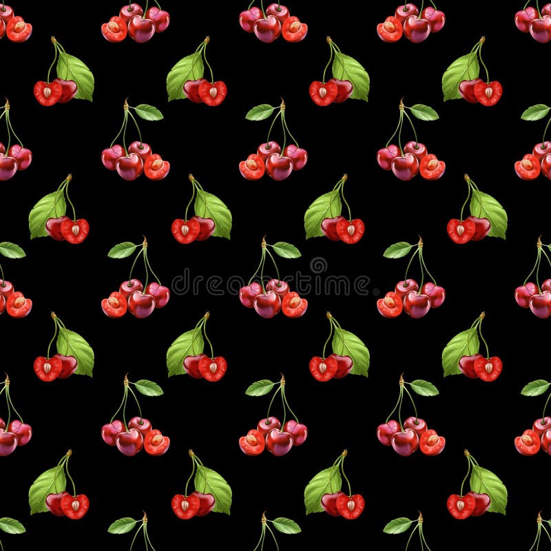 Pattern Featuring Cherries on a Black Background Showcasing Vibrant ...