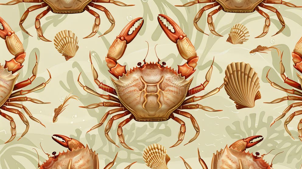 Pattern Featuring Detailed Crabs and Shells on a Light Background ...