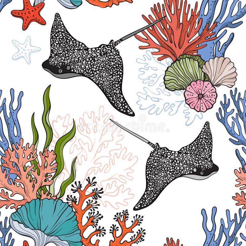 Pattern Featuring Elegant Spotted Eagle Rays Swimming among Colorful ...