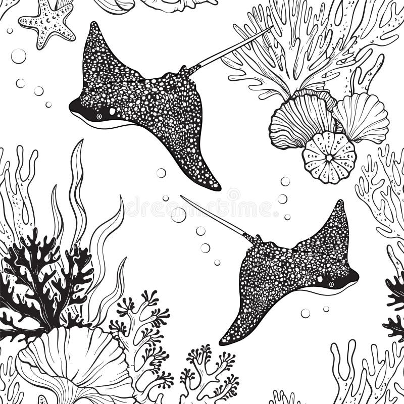 Pattern Featuring Elegant Spotted Eagle Rays Swimming among Outlines ...