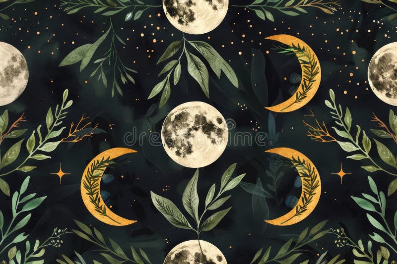 A Pattern Featuring a Full Moon and Leaves. Suitable for Various Nature ...